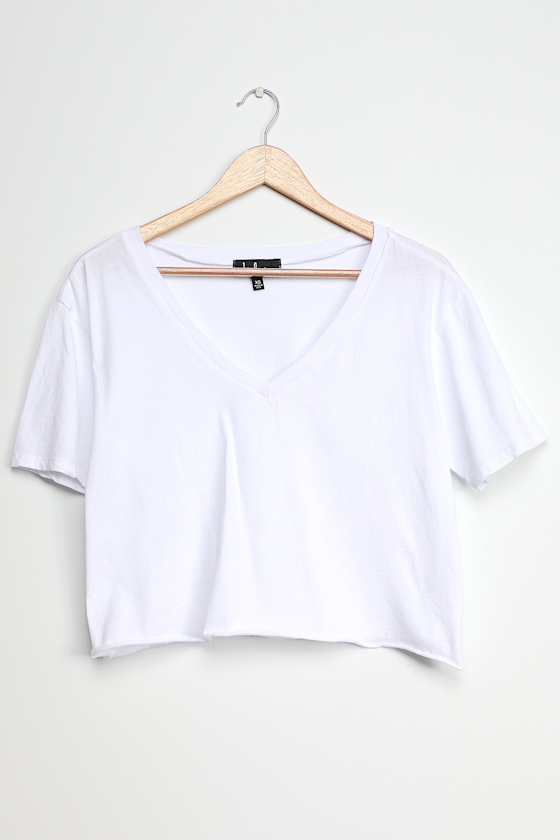 Classic White T-Shirt - Basic V-Neck Tee - Raw Hem Cropped Tee