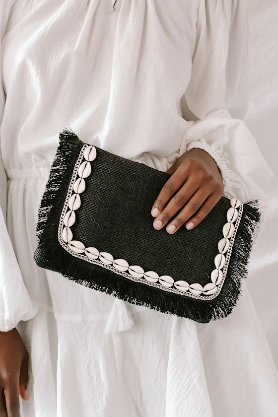 Black Shell Clutch - Woven Clutch Purse - Trendy Fringe Clutch - Lulus
