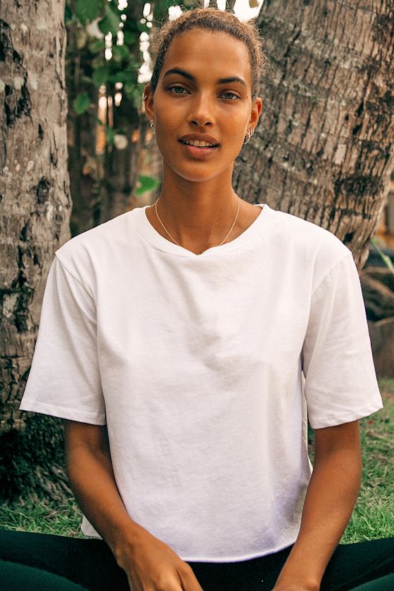 Classic White Tee - Trendy Cropped Tee - Raw Hem Crop Top