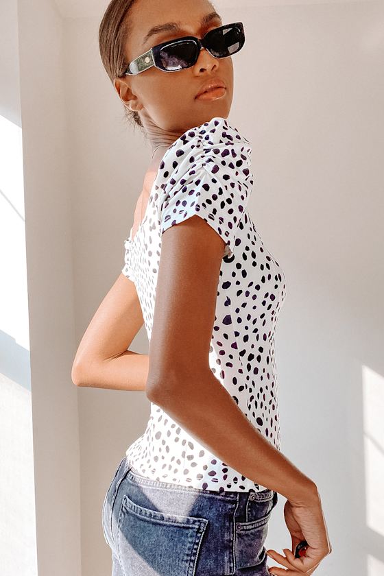 Black and White Dot Top - Puff Sleeve Top - Square Neck Top - Lulus