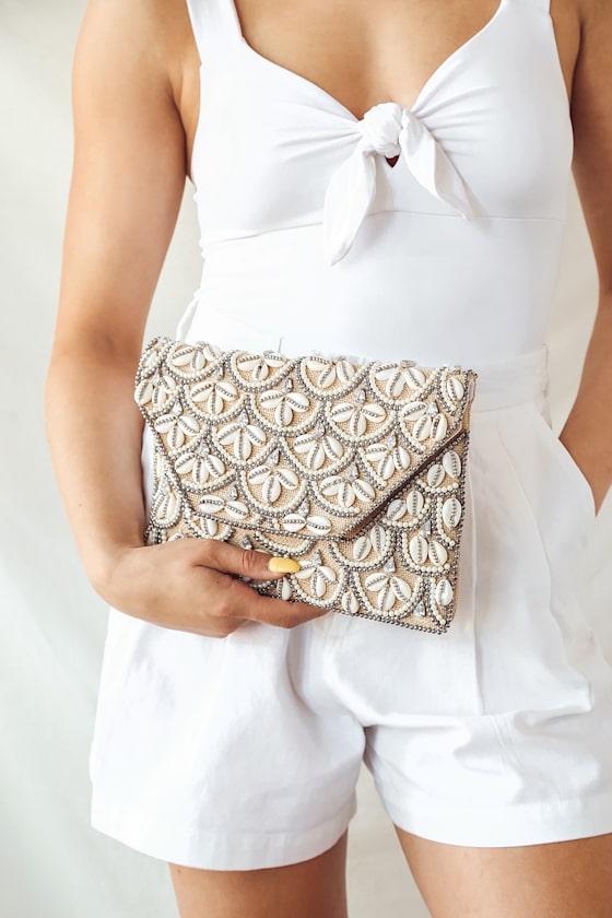 Tan Woven Clutch - Rhinestone Beaded Clutch - Cowrie Shell Clutch - Lulus