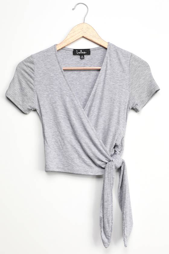 Grey Wrap Top - Ribbed Short Sleeve Top - Cropped Tie-Front Top
