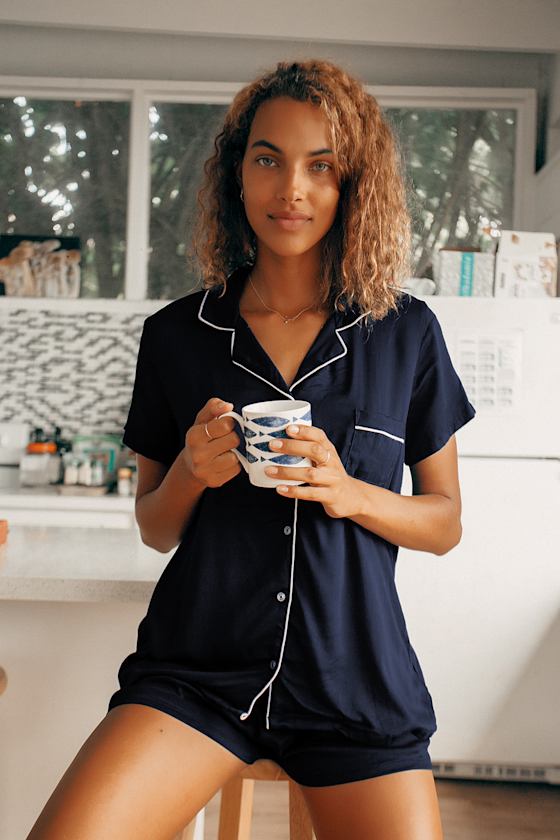 Splendid Heavenly - Navy Blue Pajama Set - Short Sleeve PJ - Lulus