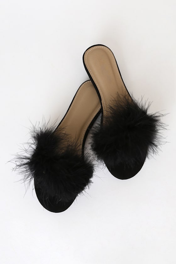 Black Feather Sandals - Feather Slide Sandals - Glam Sandals - Lulus