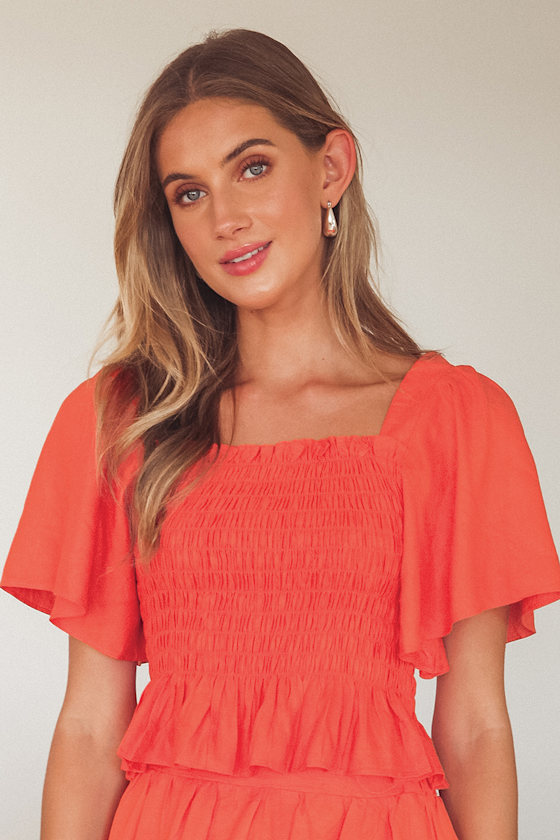 Smocked Orange Top - Butterfly Sleeve Top - Ruffled Top - Lulus