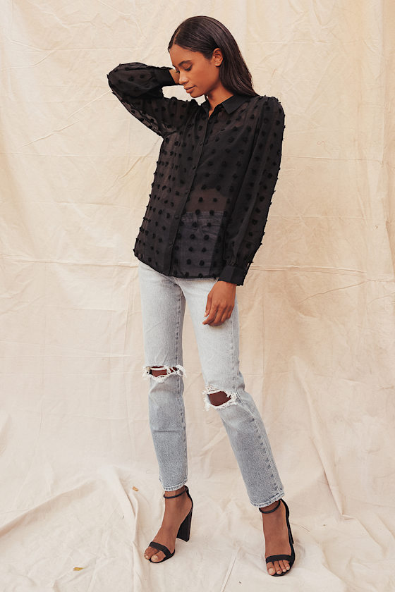 Chic Sheer Black Top - Button-Up Blouse - Dotted Long Sleeve Top - Lulus