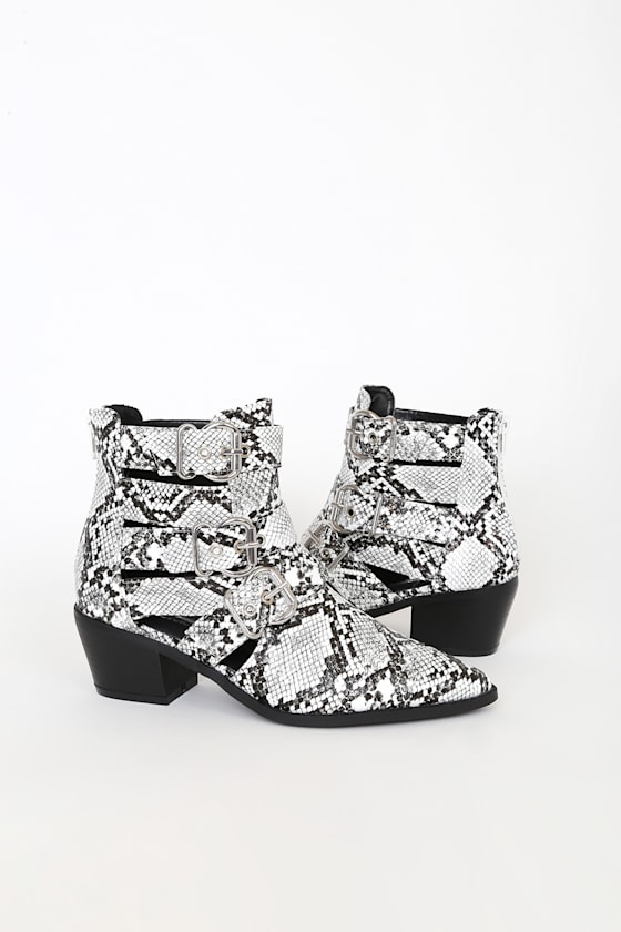 White Snake Print Boots - Cutout Boots - Pointed-Toe Ankle Boots