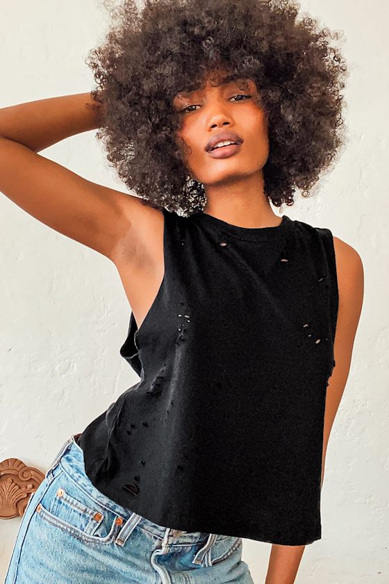 Black Muscle Tee - Distressed Tank Top - Cute Muscle Tee - Lulus