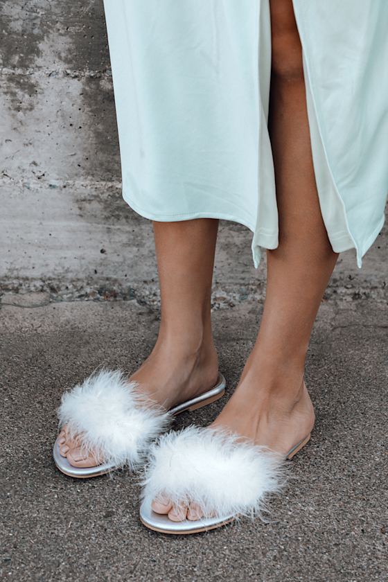 Holographic Feather Sandals - Slide Sandals - Glam Sandals - Lulus