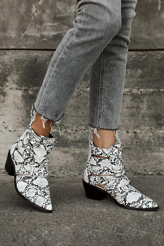 White Snake Print Boots - Cutout Boots - Pointed-Toe Ankle Boots - Lulus