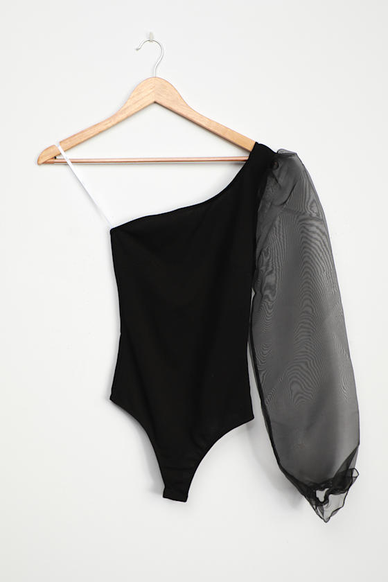 Black Bodysuit - Puff Sleeve Bodysuit - One Shoulder Bodysuit