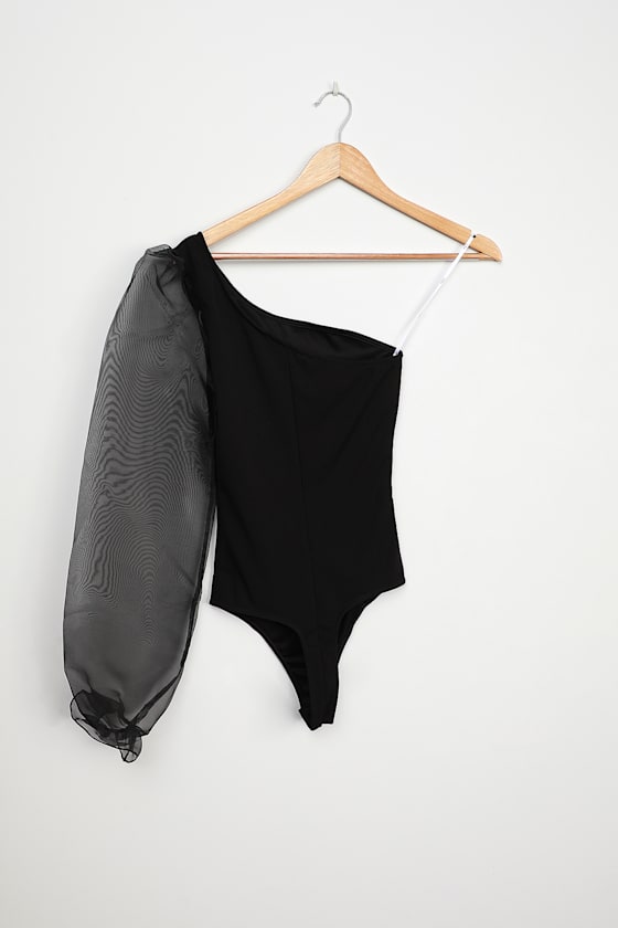 Black Bodysuit - Puff Sleeve Bodysuit - One Shoulder Bodysuit