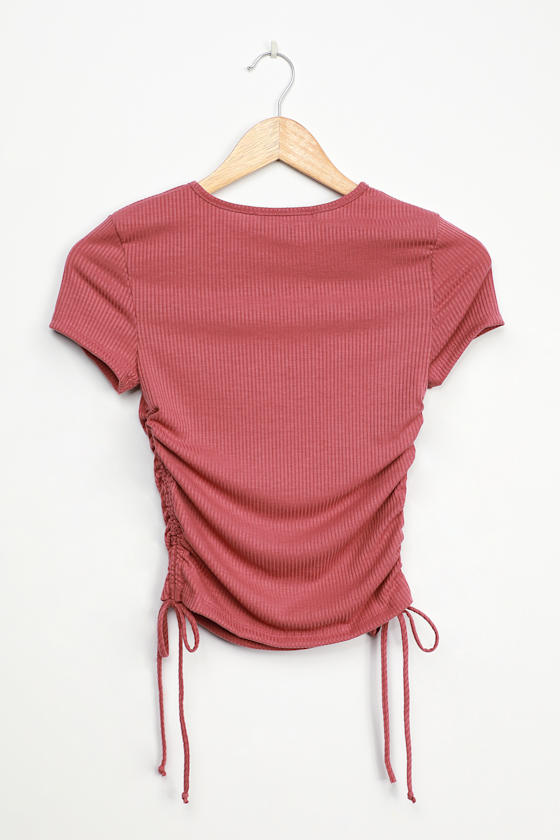 Ribbed Rusty Rose Top - Ruched Side Top - Drawstring Side Top