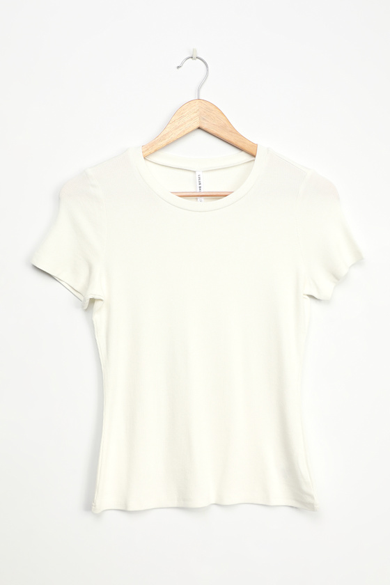 White Ribbed Tee - Short Sleeve T-Shirt - Basic Ribbed Knit Top