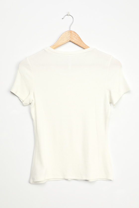 White Ribbed Tee - Short Sleeve T-Shirt - Basic Ribbed Knit Top
