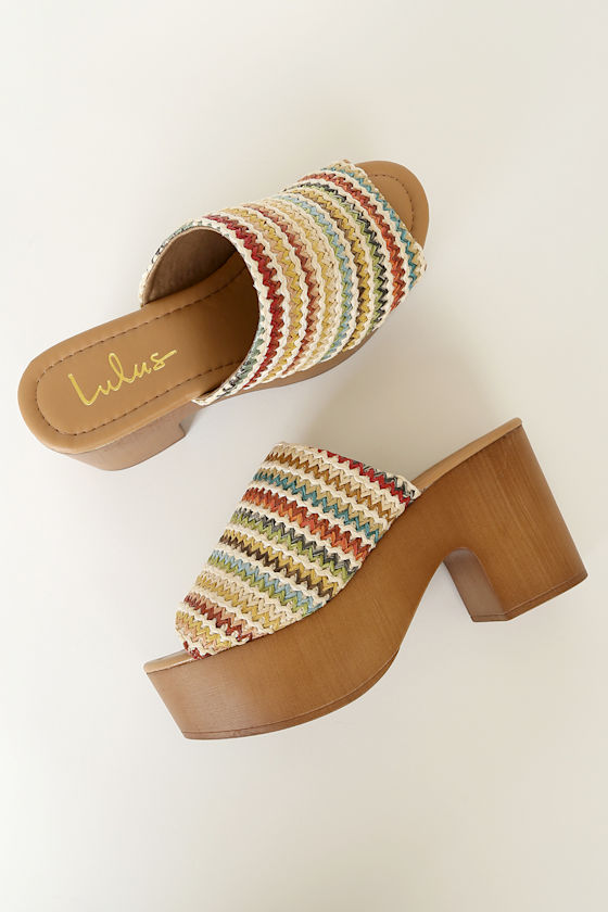 Beige Woven Raffia Mules - Trendy Platform Mules - Peep-Toe Heels