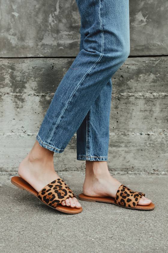 Leopard Slide Sandals - Suede Sandals - Vegan Leather Sandals - Lulus