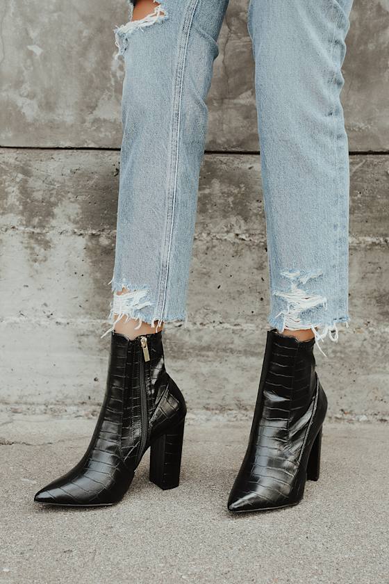 Black Mid-Calf Booties - Sock Booties - Crocodile Ankle Boots - Lulus