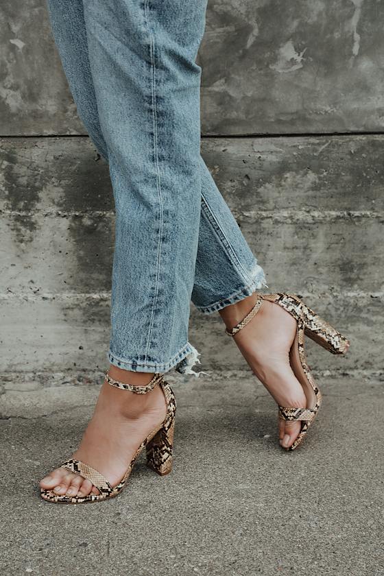 Coveted Tan Snake Heels - Ankle Strap Heels - Single Sole Heels - Lulus