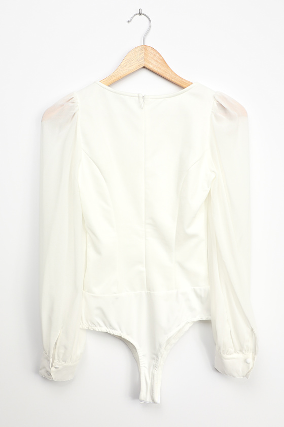 Sexy White Bodysuit - V-Neck Bodysuit - Chiffon Sleeve Bodysuit - Lulus