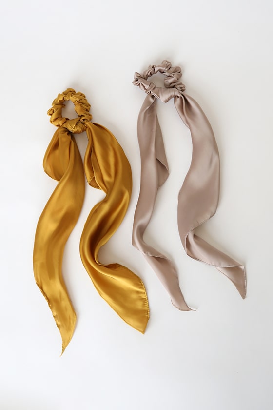 Gold and Taupe Ponytail Holder Set - Scrunchie Set - Scarf Set - Lulus