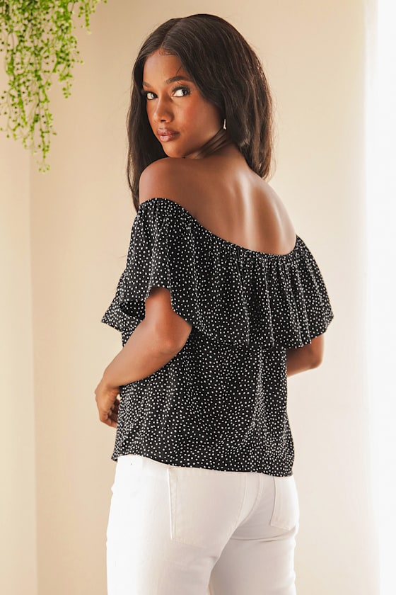 Cute Polka Dot Top - Black Top - Off-the-Shoulder Flounce Top - Lulus