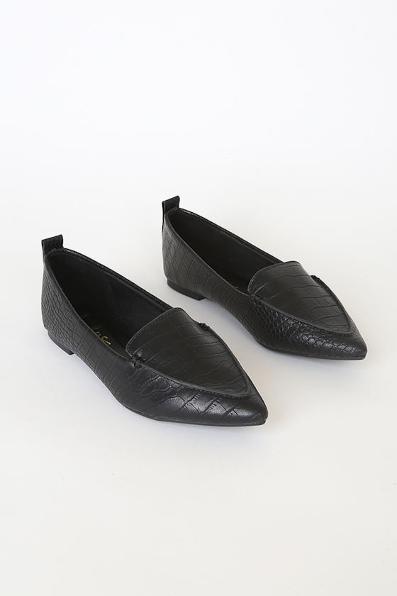 Black Crocodile Loafers - Loafer Flats - Pointed-Toe Loafers - Lulus