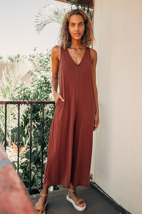 Washed Burgundy Jumpsuit Sleeveless Jumpsuit Culotte Jumpsuit Lulus