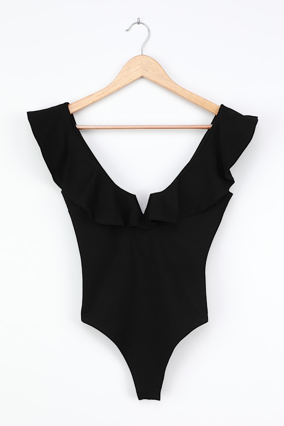 Black Bodysuit - Cute Ruffled Bodysuit - Notched Neck Bodysuit - Lulus