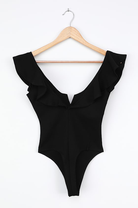 Black Bodysuit - Cute Ruffled Bodysuit - Notched Neck Bodysuit - Lulus