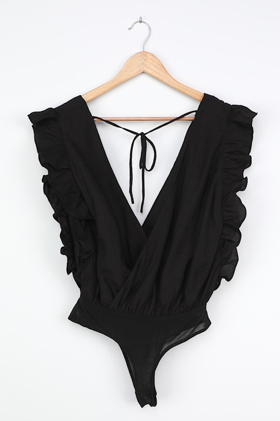 Black Bodysuit - Ruffled Bodysuit - Sleeveless Surplice Bodysuit - Lulus