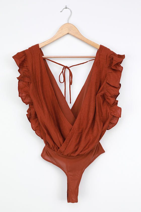 Rust Bodysuit - Ruffled Bodysuit - Sleeveless Surplice Bodysuit - Lulus