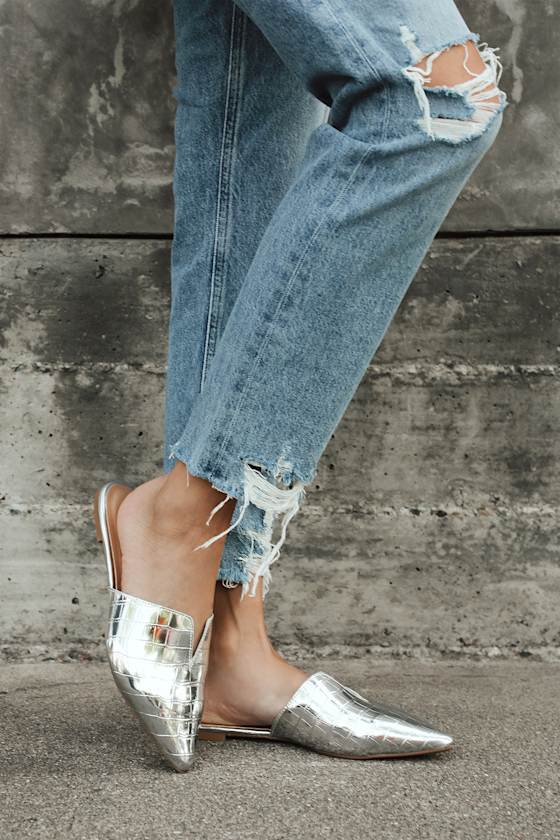 Chic Silver Shoes - Slides - Pointed-Toe Slides - Flats - Mules - Lulus