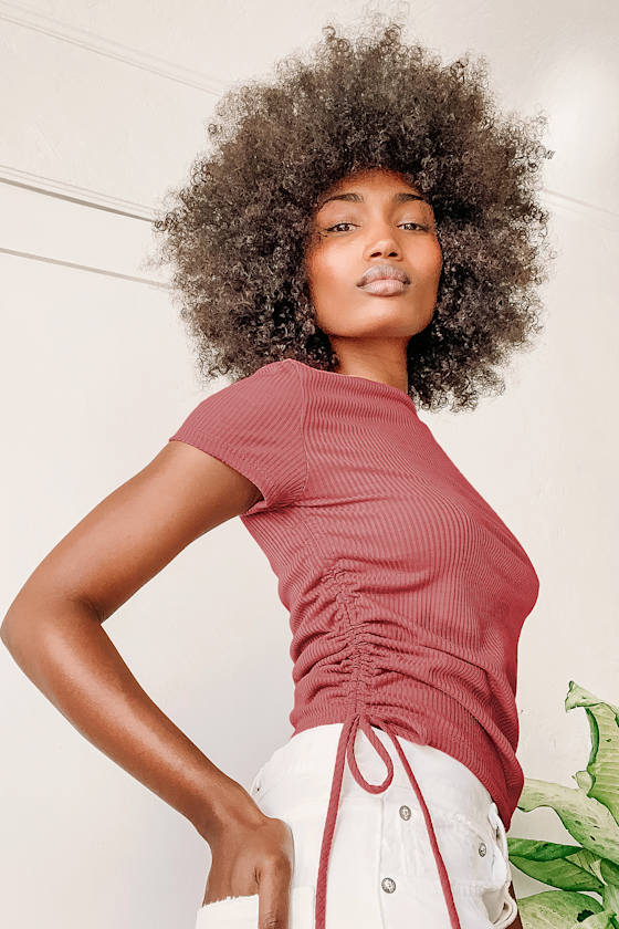 Ribbed Rusty Rose Top - Ruched Side Top - Drawstring Side Top - Lulus