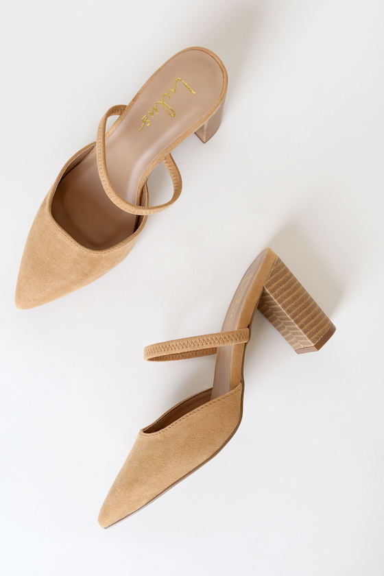 Chic Camel Mules - Blue Suede Heels - Pointed-Toe Mules - Lulus
