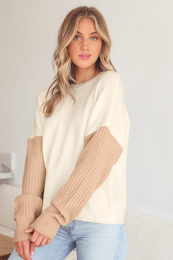 White and Beige Sweater - Color Block Sweater - Two-Tone Sweater - Lulus