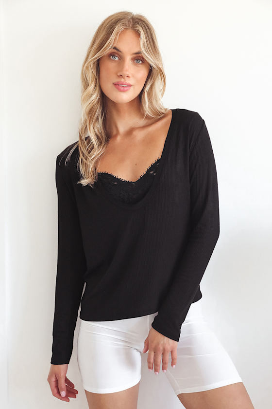 Black Long Sleeve Top - Ribbed Lounge Top - Comfy Scoop Neck Top - Lulus