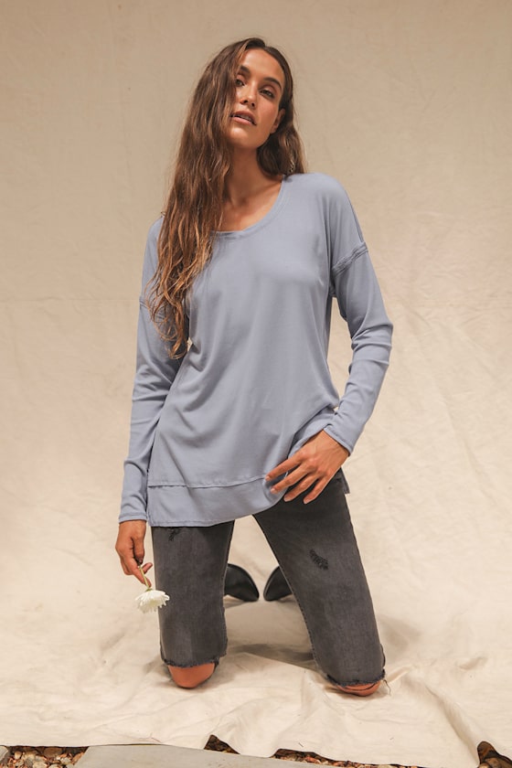Cute Light Blue Top - Ribbed Tunic Top - Long Sleeve Lounge Top - Lulus