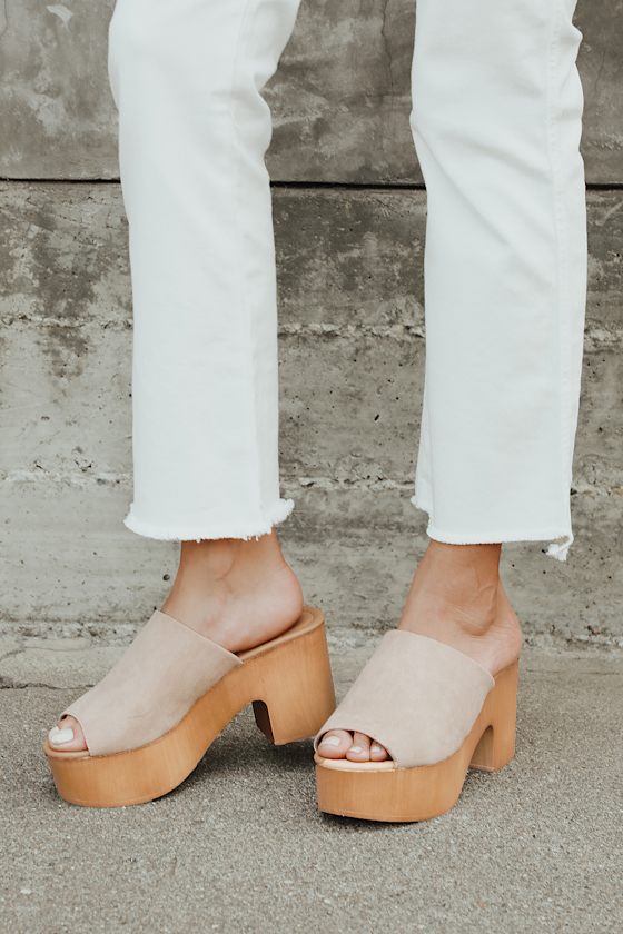 Warm Taupe Suede Mules - Trendy Platform Mules - Peep-Toe Heels - Lulus