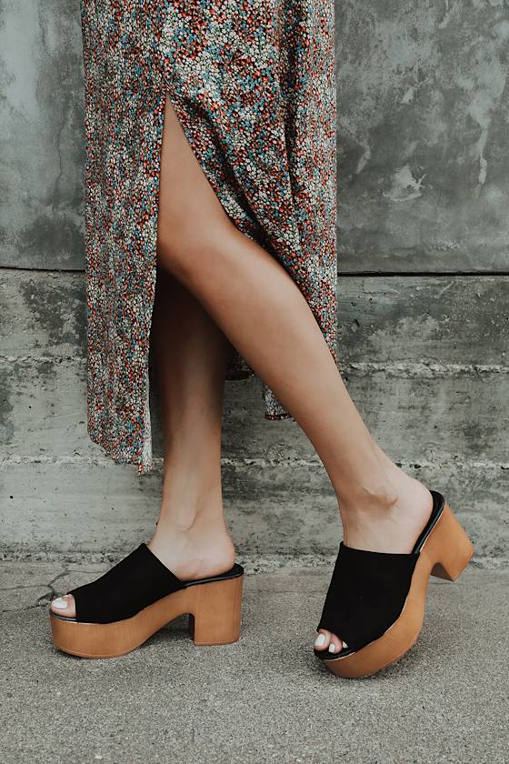 Black Suede Mules - Trendy Platform Mules - Peep-Toe Heels - Lulus