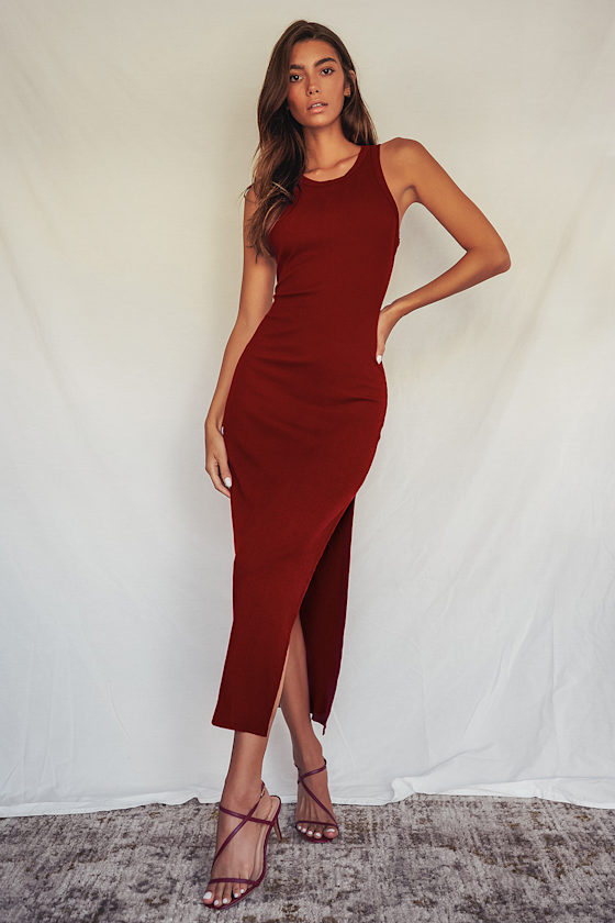 Cute Burgundy Dress - Ribbed Midi Dress - Casual Tank Dress - Lulus