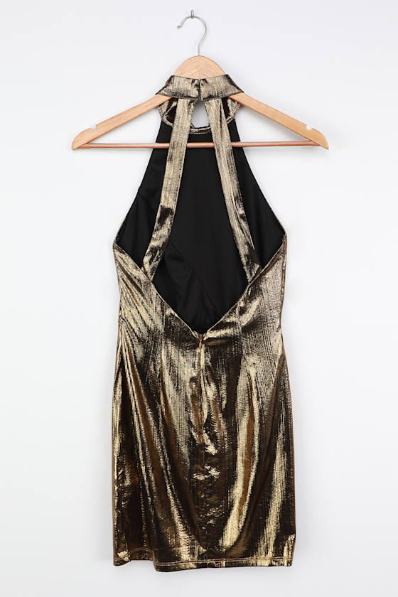 Shiny Gold Mini Dress - Halter Mini Dress - Backless Gold Dress - Lulus