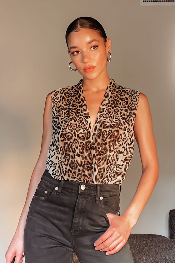 Tan Leopard Print Bodysuit - Surplice Bodysuit - Sexy Bodysuit - Lulus