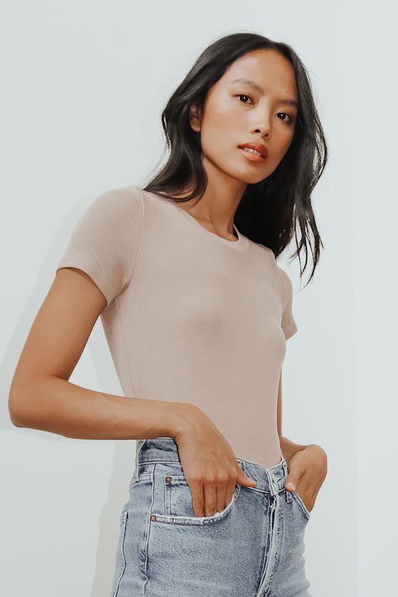 Tan Ribbed Tee - Short Sleeve T-Shirt - Basic Ribbed Knit Top - Lulus