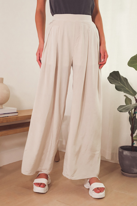 Cream Wide Leg Pants Chic Pleated Pants Pull On Pants Lulus