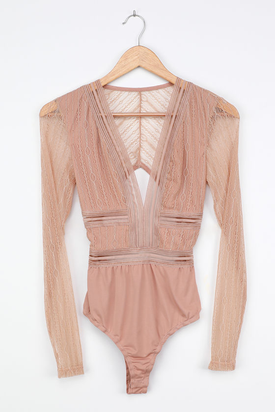 Sexy Beige Bodysuit Sheer Lace Bodysuit Long Sleeve Bodysuit Lulus