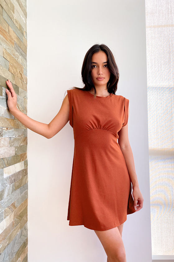 Rust Orange Mini Dress - Ribbed Knit Dress - Cap Sleeve Dress - Lulus