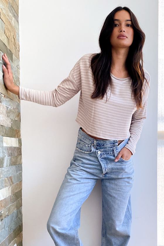 Beige Striped Crop Top - Comfy Long Sleeve Top - Cropped Top - Lulus