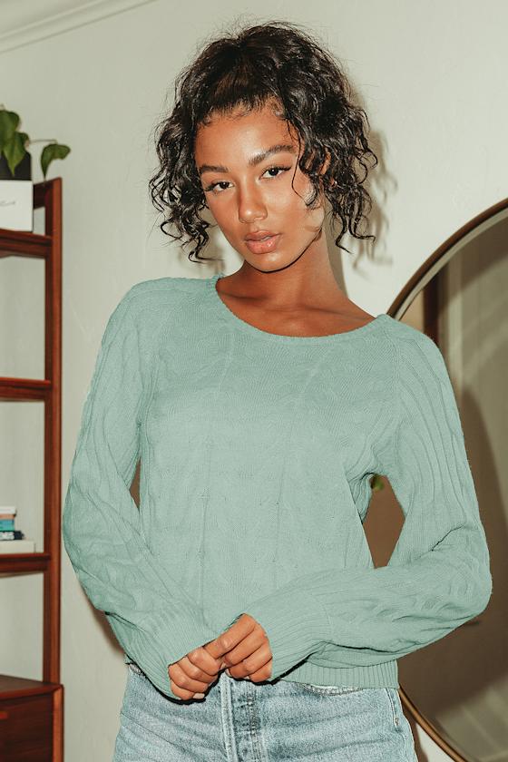 Sage Blue Sweater Cable Knit Sweater Balloon Sleeve Sweater Lulus