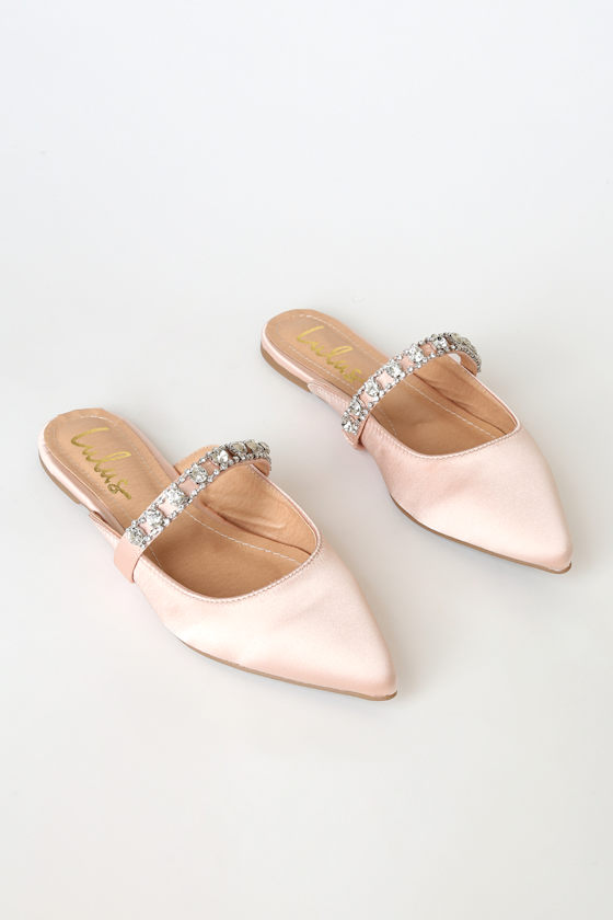 Blush Satin Mules - Pointed-Toe Slides - Rhinestone Flat Mules - Lulus